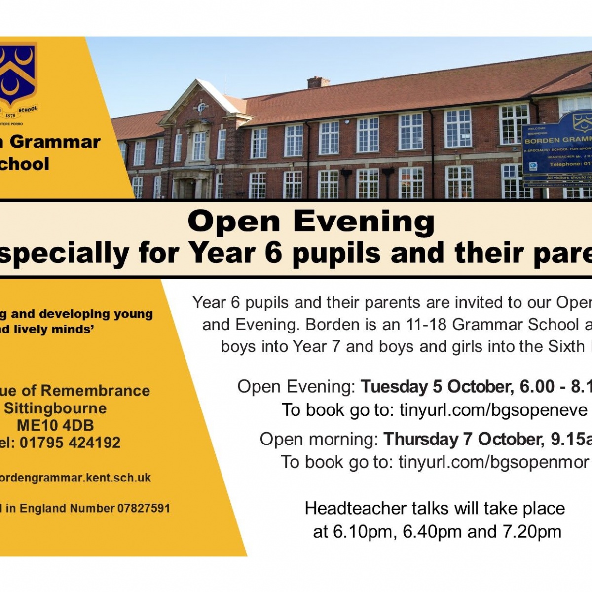 Borden Grammar School - Open Evening and Open Morning for Year 6 students